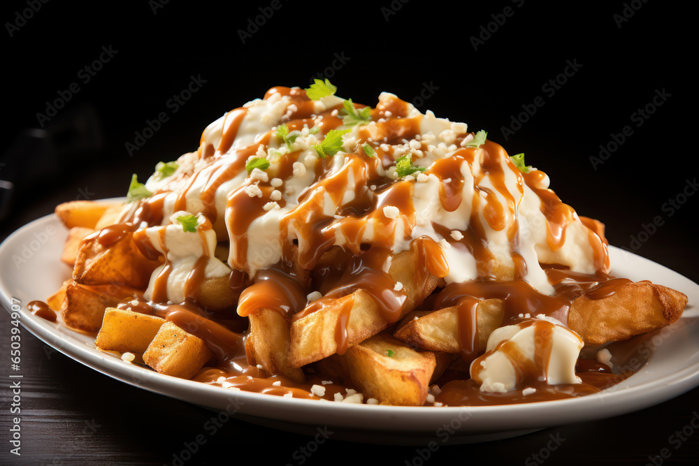 A serving of poutine, a Canadian specialty featuring crispy fries ...