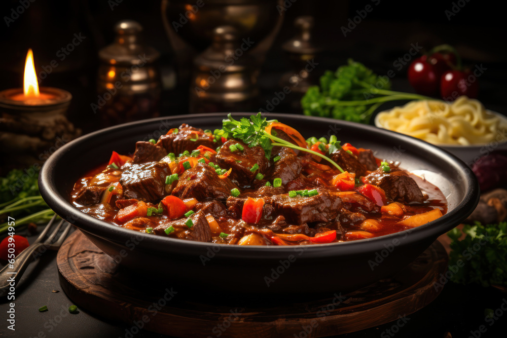 A serving of goulash, a Hungarian stew of tender beef, paprika, and ...