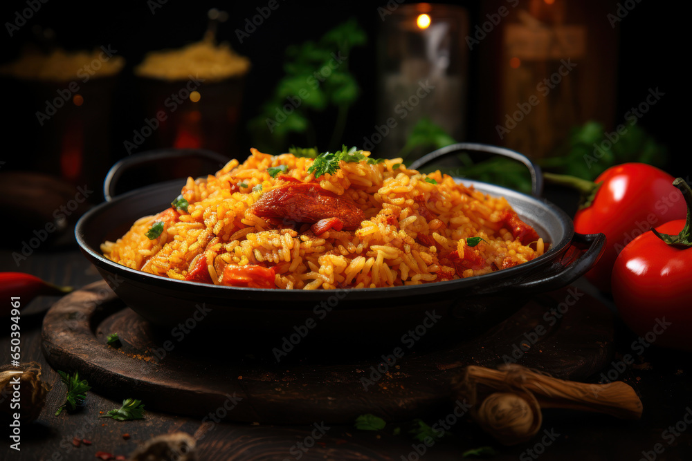 A plate of jollof rice, a West African one-pot rice dish cooked with ...