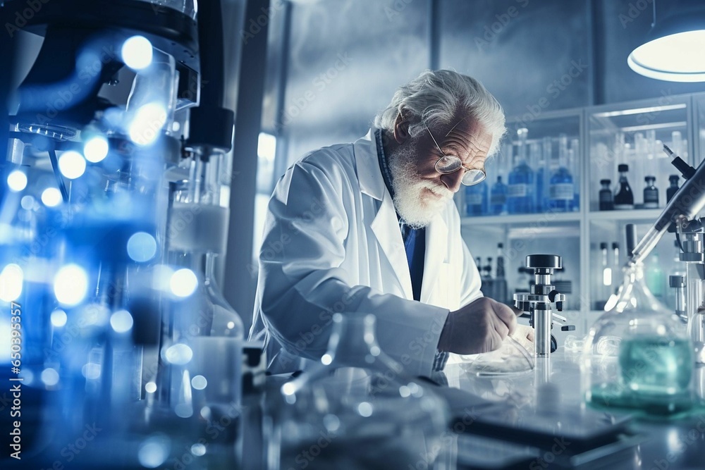 Male scientist studying a specimen under a microscope in a laboratory ...