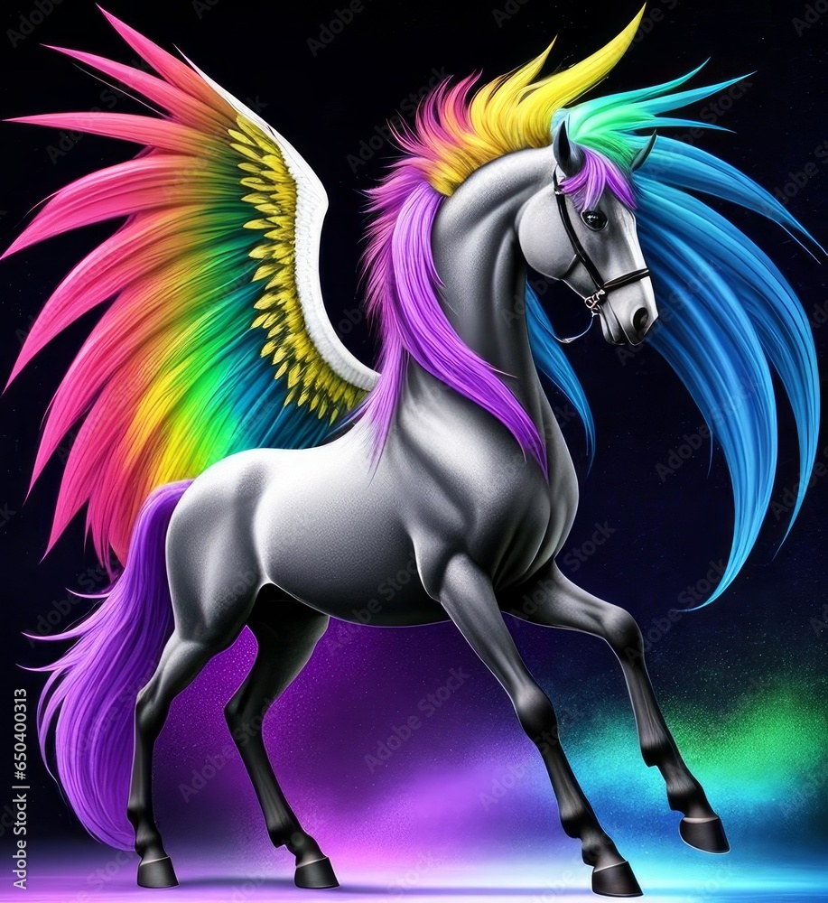 Black horse, pegasus, mane and tail, majestic, muscular, rearing up ...