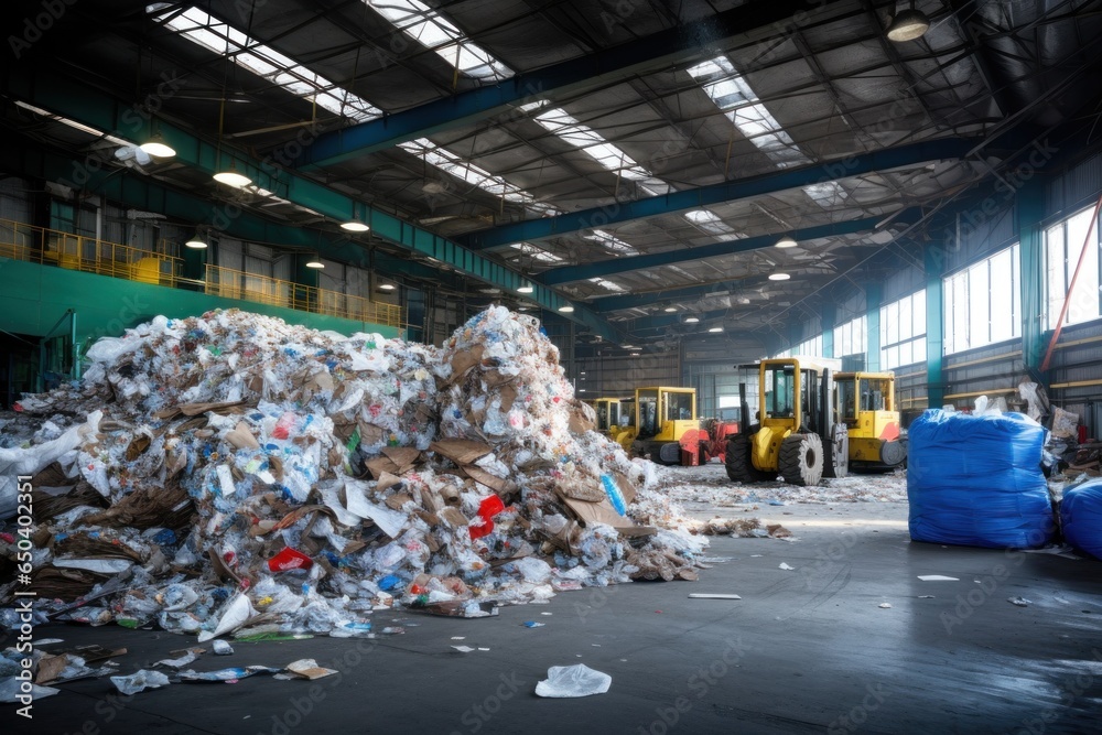 A mountain of garbage piled up inside a factory warehouse, highlighting ...