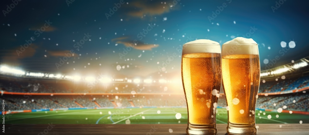 Stadium setting with beer sports and celebration in an advertisement ...