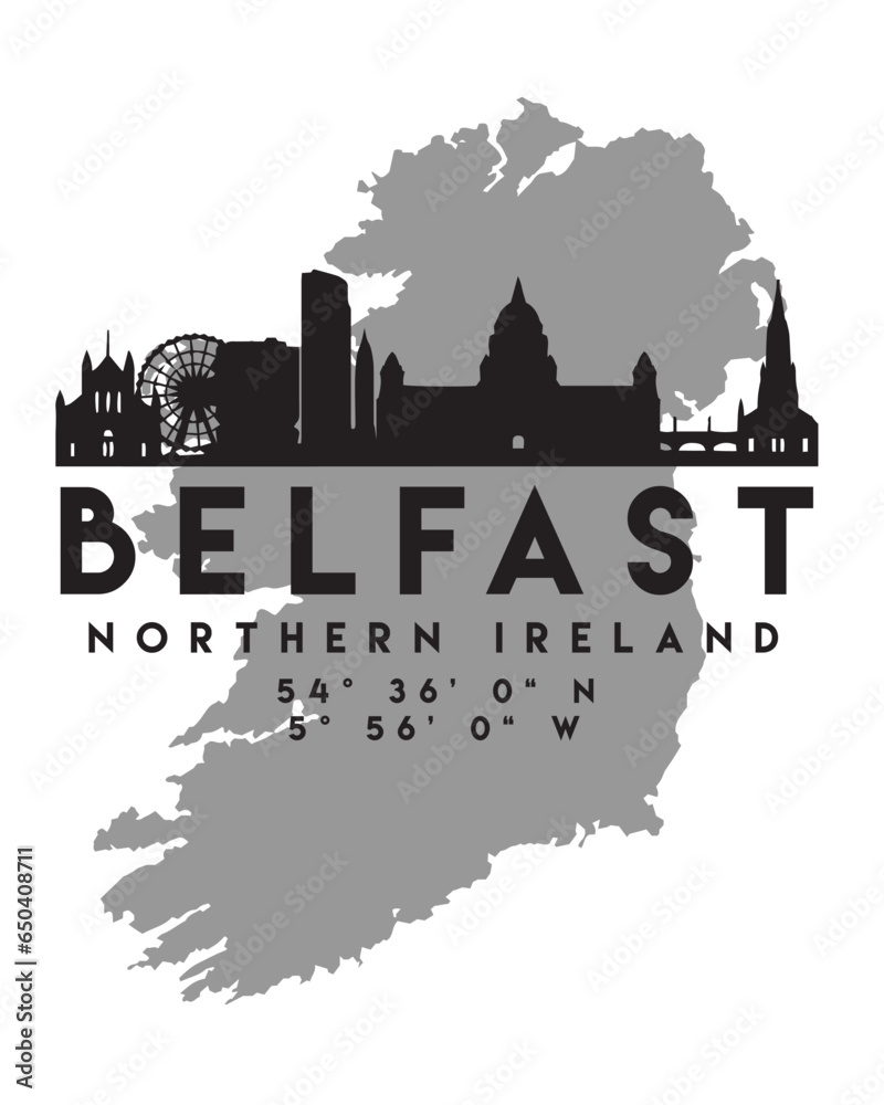 Vector illustration of the Belfast city skyline silhouette on the map ...
