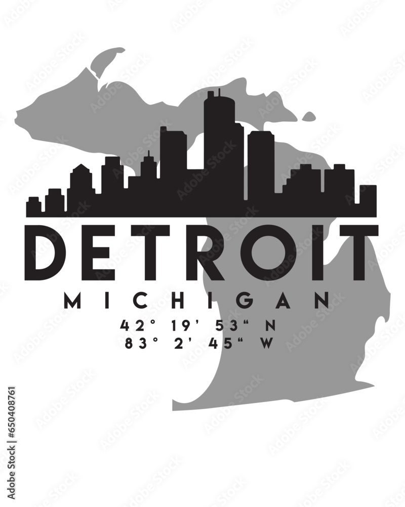 Vector illustration of the Detroit city skyline silhouette on a map ...