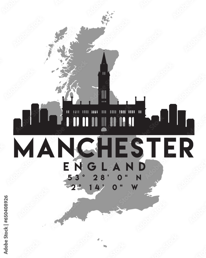 Vector illustration of the Manchester city skyline silhouette on a map ...