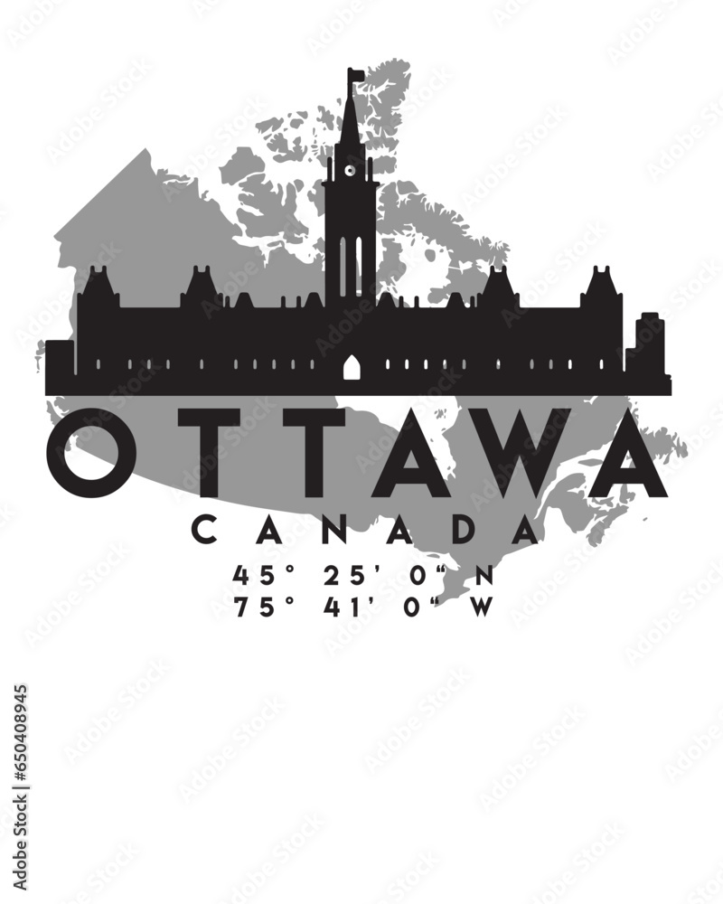 Vector illustration of the Ottawa city skyline silhouette on a map with ...