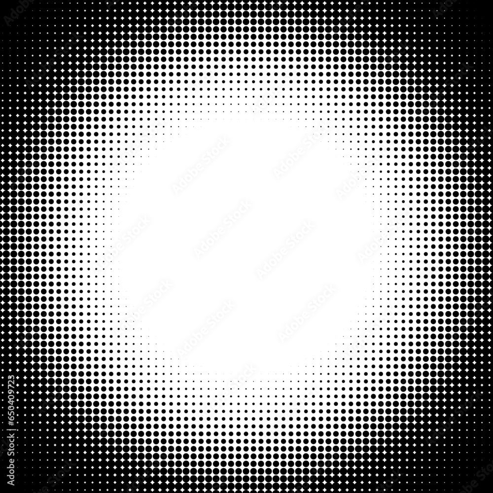 Halftone effect gradient black dots aligned grid. Square frame border ...