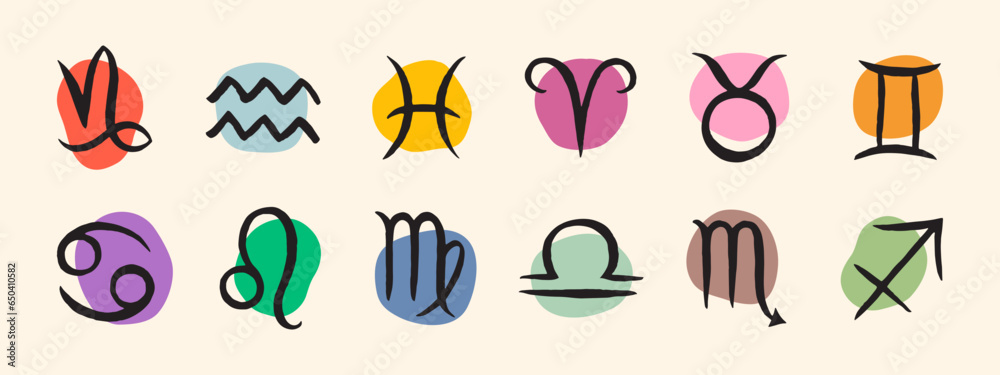 Hand brush drawn zodiac signs set. Horoscope black doodle illustrations ...