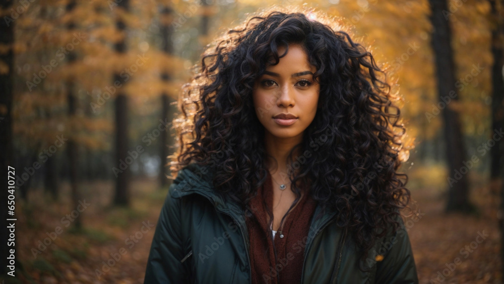 Bellissima ragazza con capelli neri e ricci in un parco in autunno ...