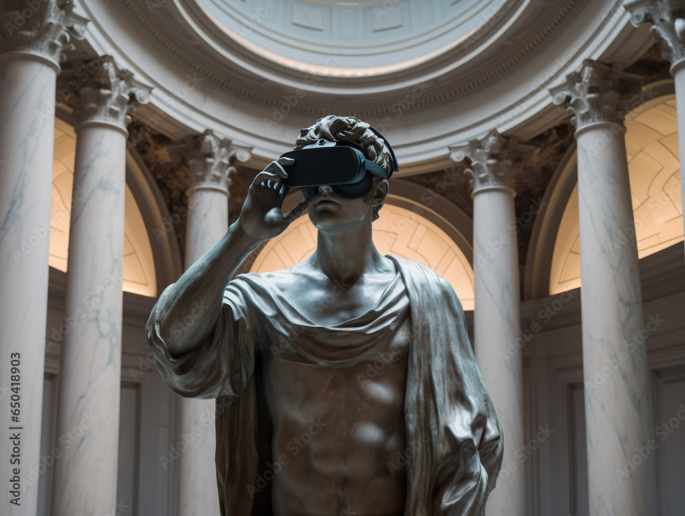 Generative AI illustration of gray statue with VR and standing in ...