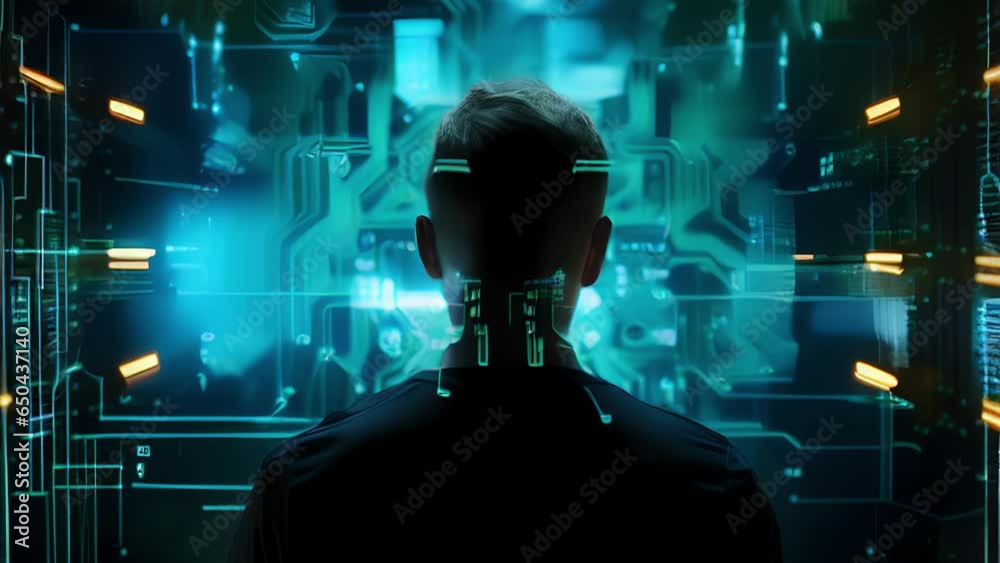 A hidden underground hackers lair, illuminated by screens displaying ...