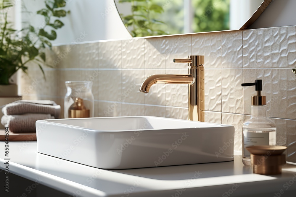 Brushed brass tap mixer on timber vanity with white basin bowl against ...