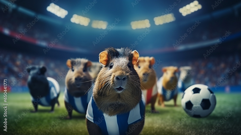 Group of guinea pigs playing soccer in soccer stadium. stadium full of ...