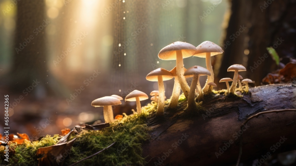 A macro shot of a delicate of toadstools emerging from a decaying log ...