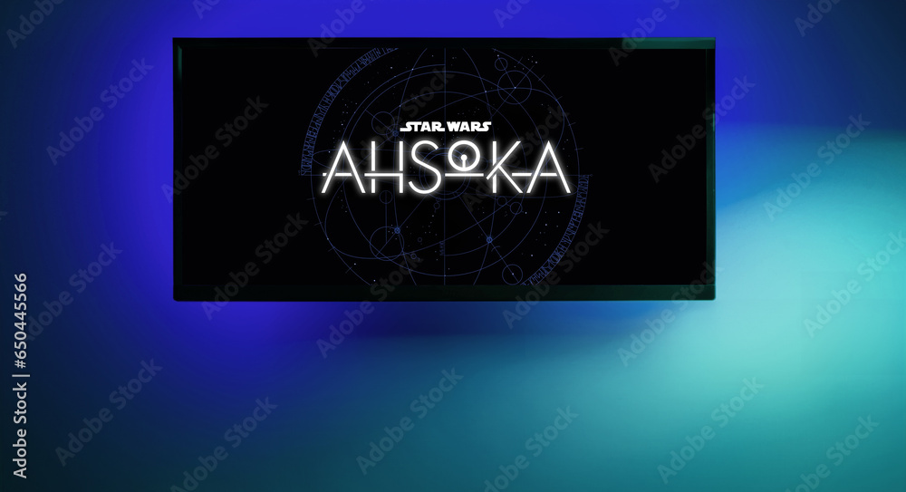 Logo of the series Star Wars: Ahsoka on TV screen Stock Photo | Adobe Stock