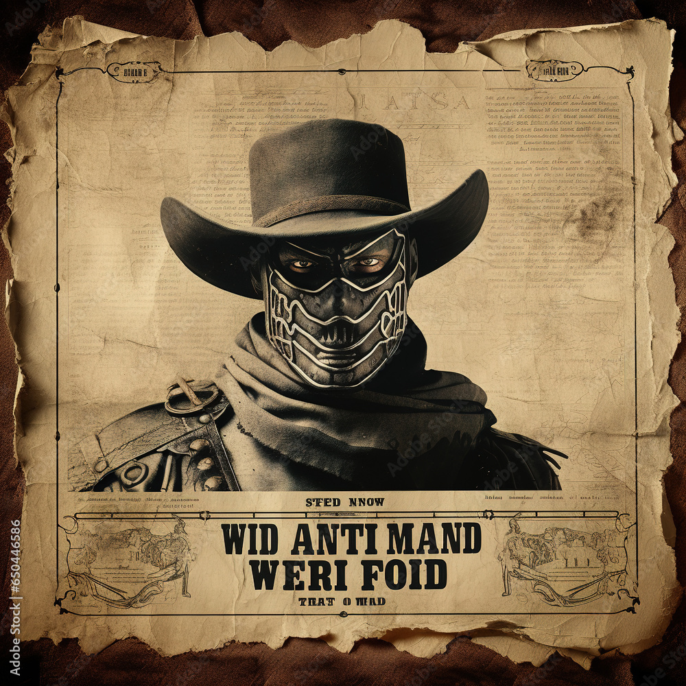 Masked man in wanted poster wild far west style, vintage. Glitch ...