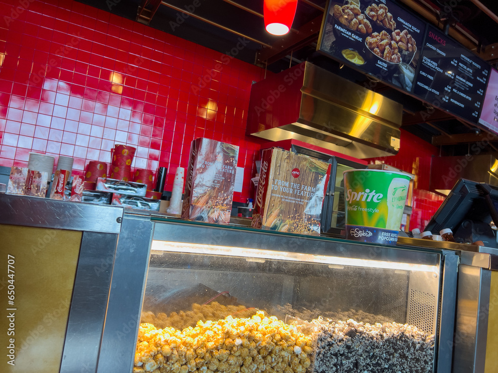 Lynnwood, WA USA - circa July 2023: Angled view of the concession stand ...