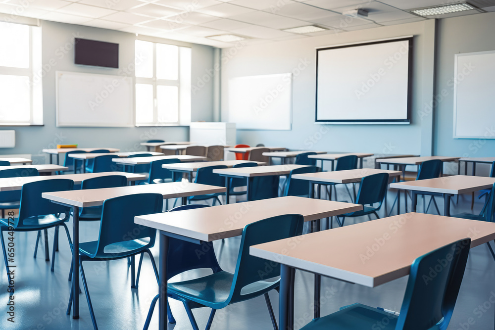 Shot of empty modern classroom ready for students to learn in it, back ...