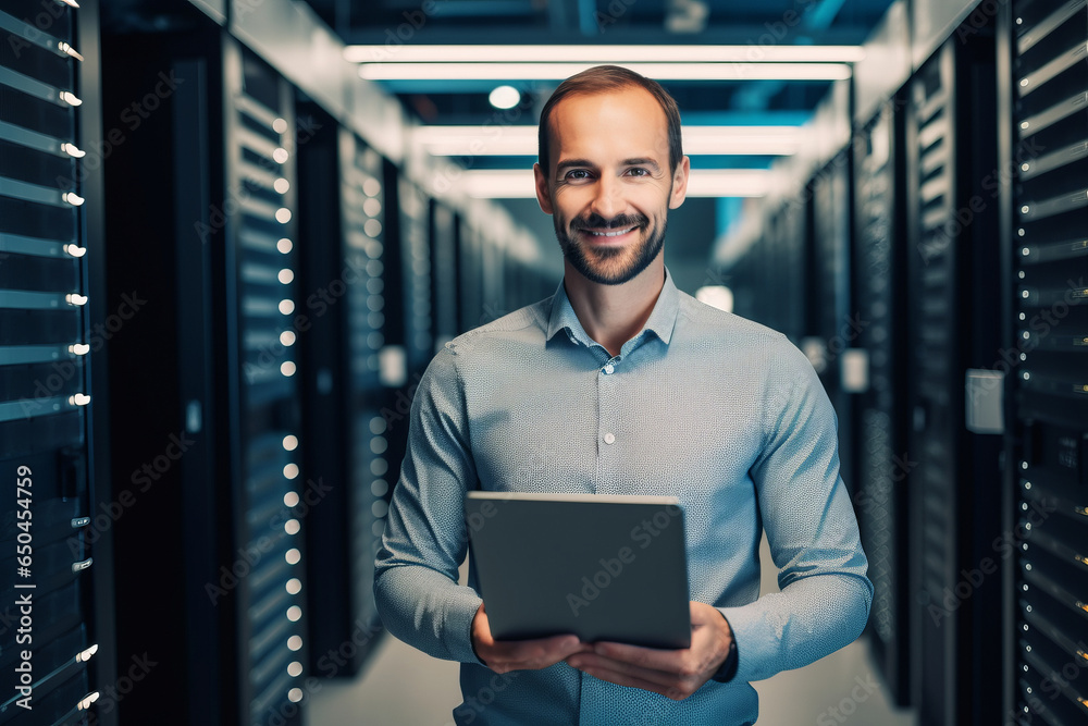 Portrait of IT Specialist Uses tablet in Data Center. Server Farm Cloud Computing Facility with ...