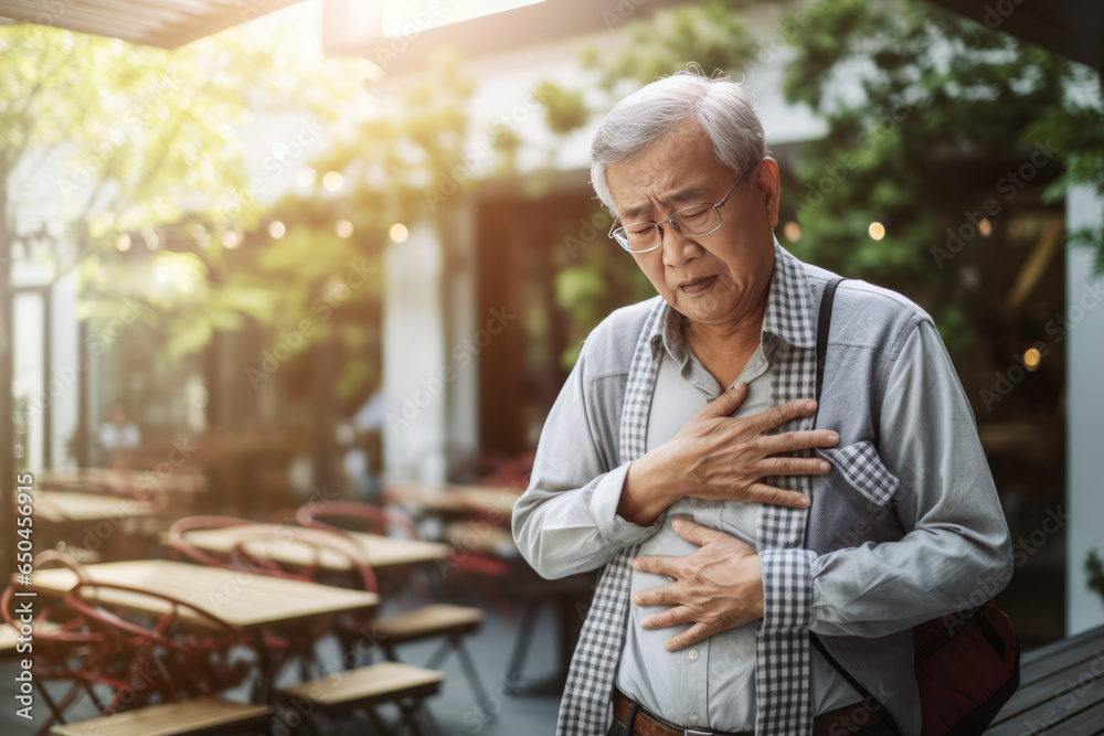 Elderly Asian man holding his chest in the street, theme of heart ...