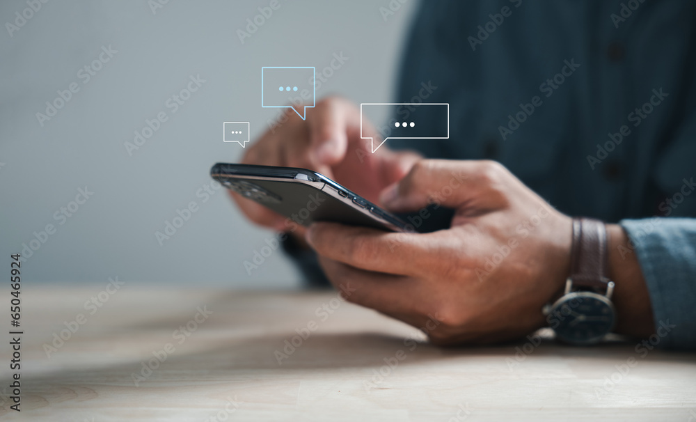 Modern connectivity man on phone types, discussing live chat and social ...