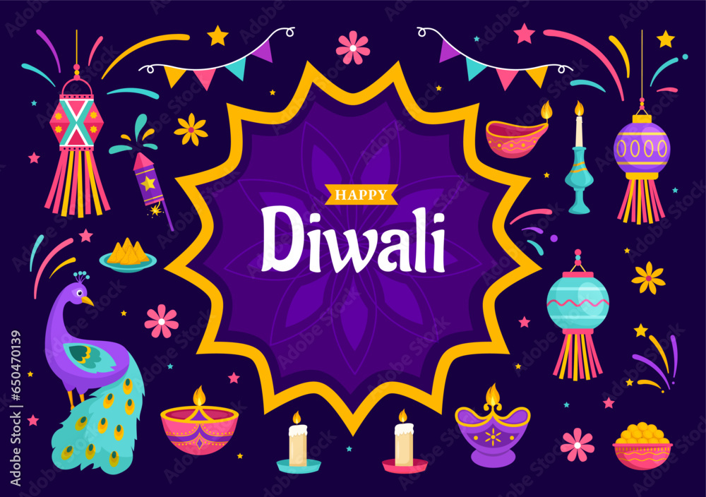 Happy Diwali Hindu Vector Illustration with Indian Rangoli and Fireworks Background for Light ...