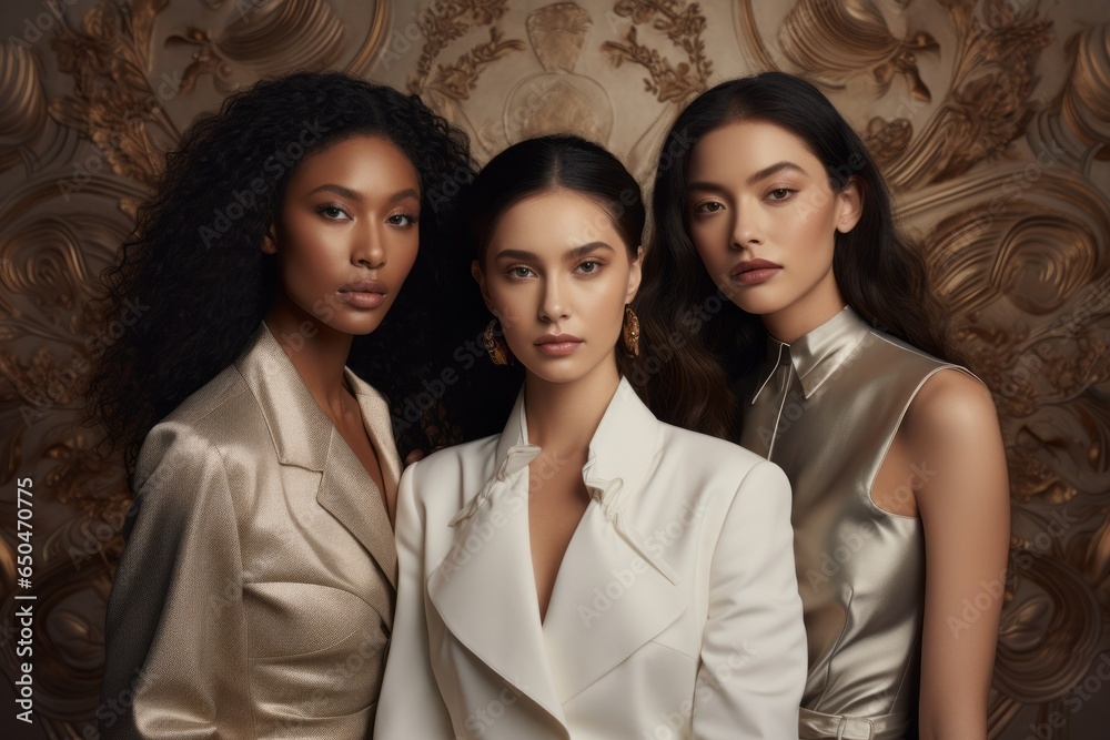 three beautiful female models standing next to each other at a fashion ...
