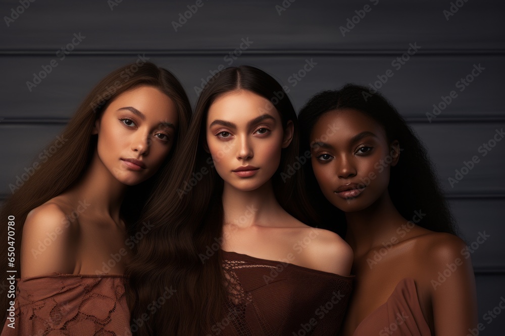 three beautiful female models standing next to each other at a fashion ...