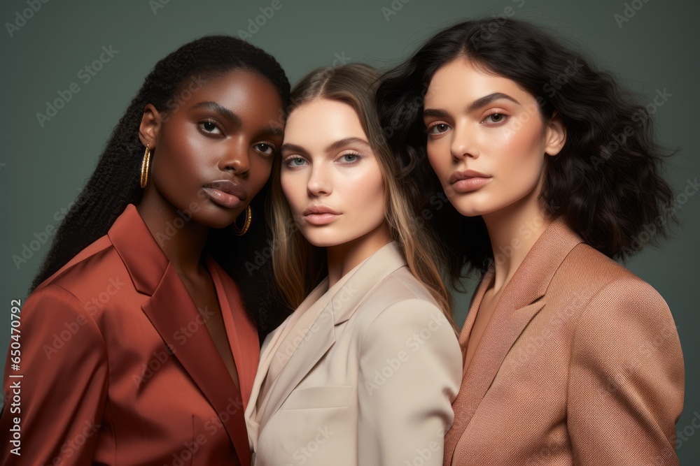 three beautiful female models standing next to each other at a fashion ...