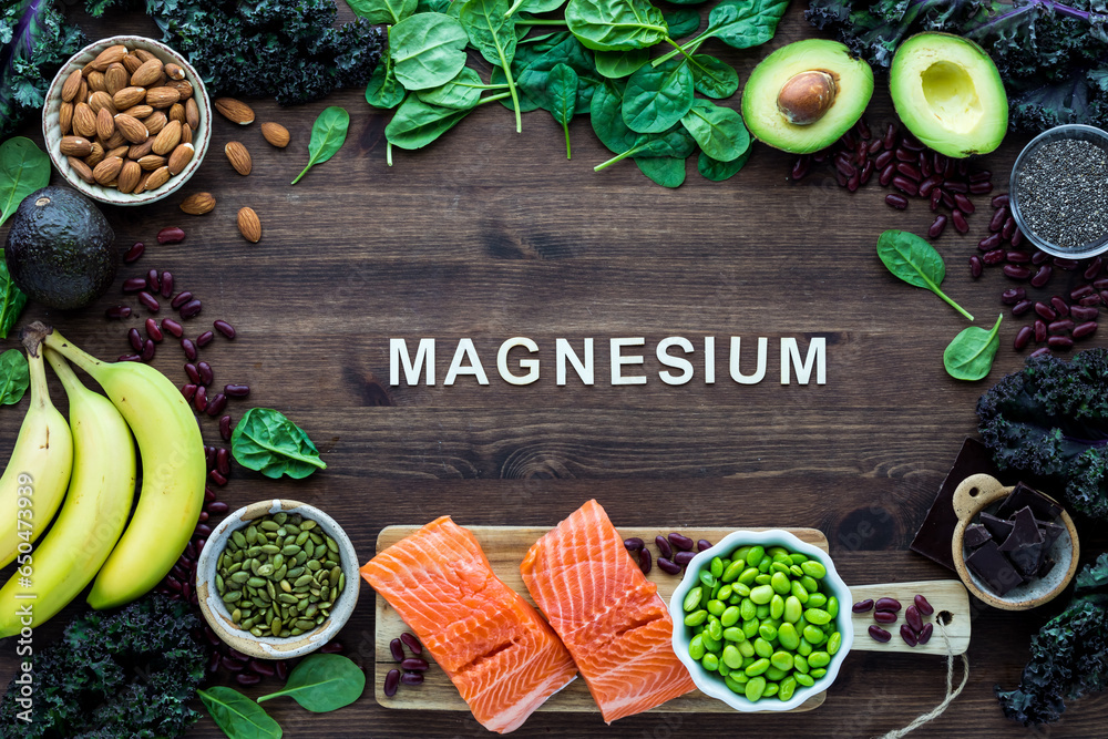Healthy foods forming a border with the word Magnesium in the middle ...