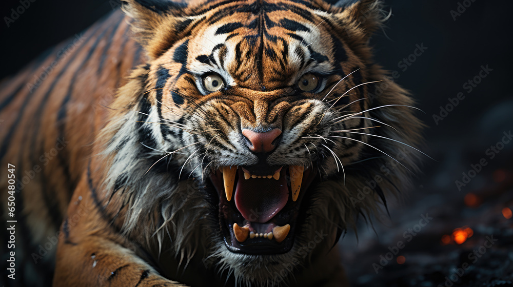 the extraordinary beauty of an angry tiger face roaring in the middle of the jungle with fangs ...