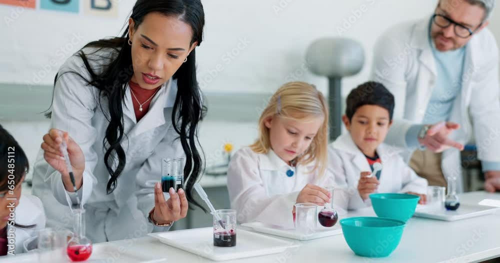 Science teacher, children and chemistry class with experiment and ...