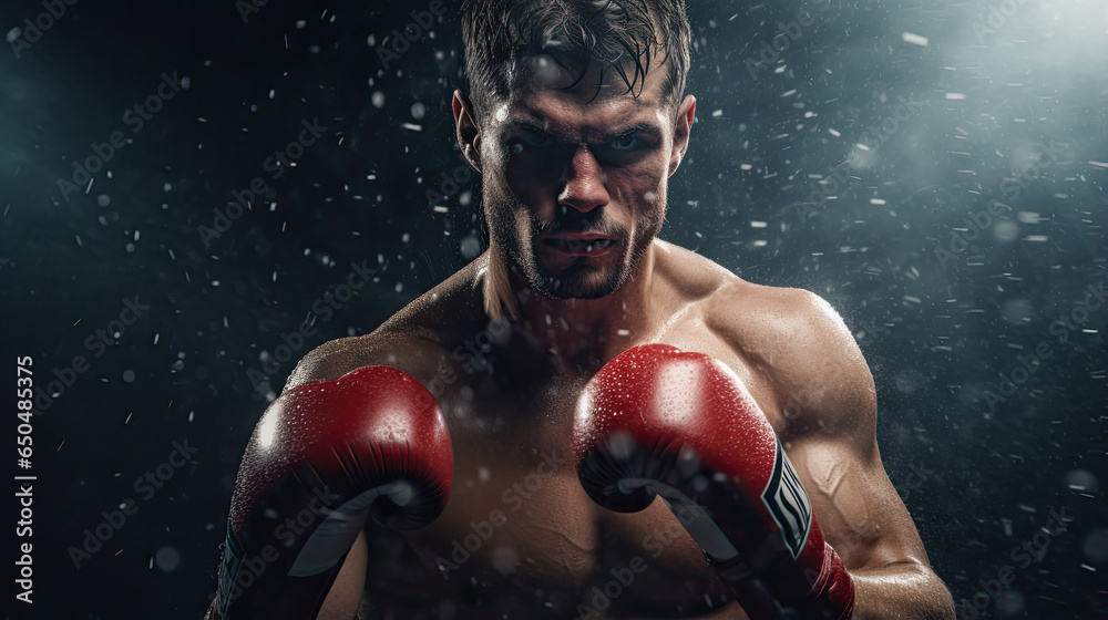 A muscular boxer in a ring boxing match throws a powerful punch with ...