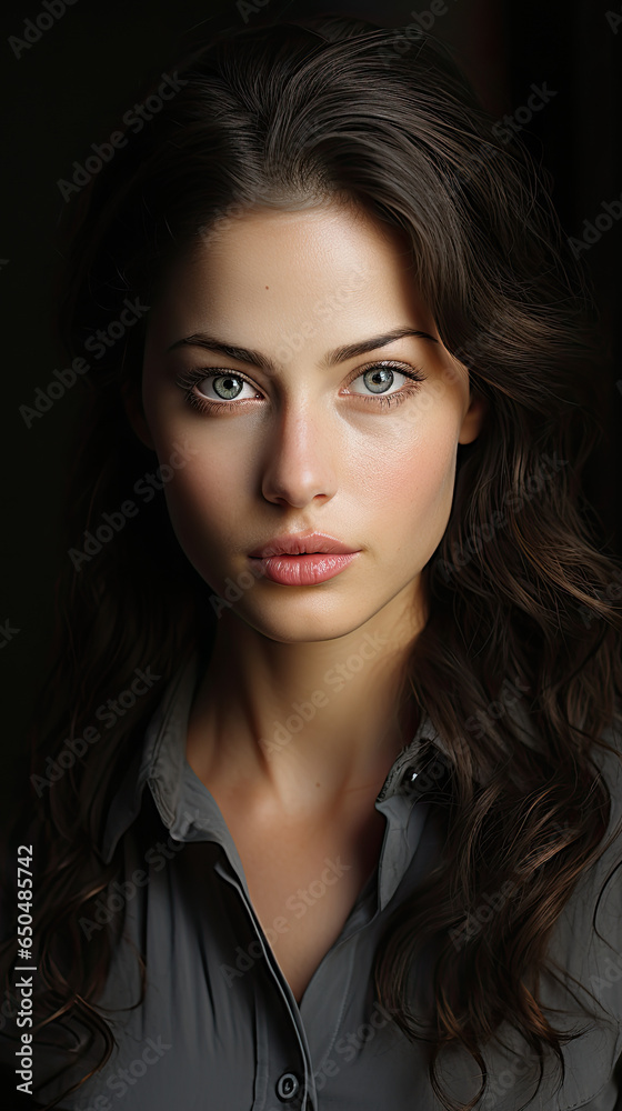 Beautiful attractive and mysterious woman face with blue eyes, long ...