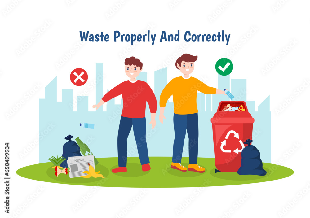 Waste Properly And Correctly Vector Illustration with Demonstration of ...