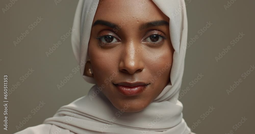 Face, muslim or happy woman in hijab on studio background for natural ...