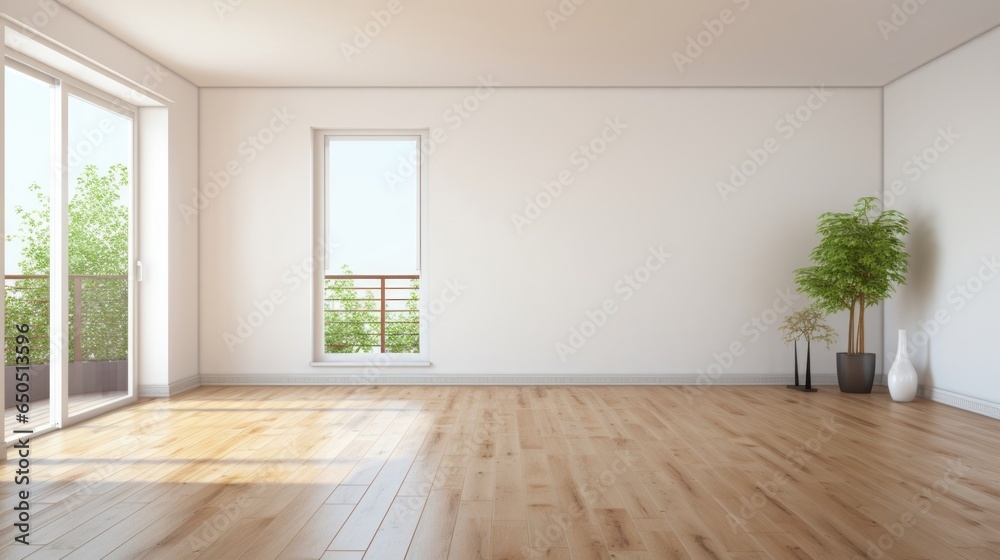 open space plan empty room with wooden floor white wall and daylight ...