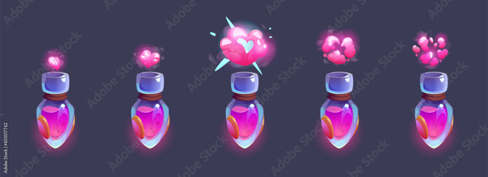 Magic pink love elixir in bottle with heart shaped smoke. Cartoon game ...