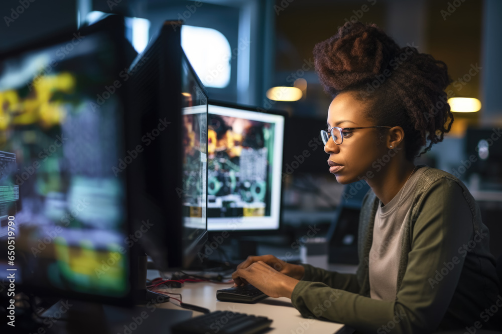 Software developer, IT, looking at her screen at her work station, desk ...