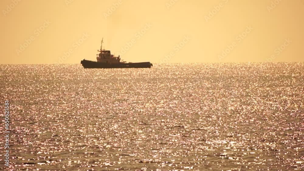 Vidéo Stock Tug boat in open calm sea, heading back to port at sunset ...