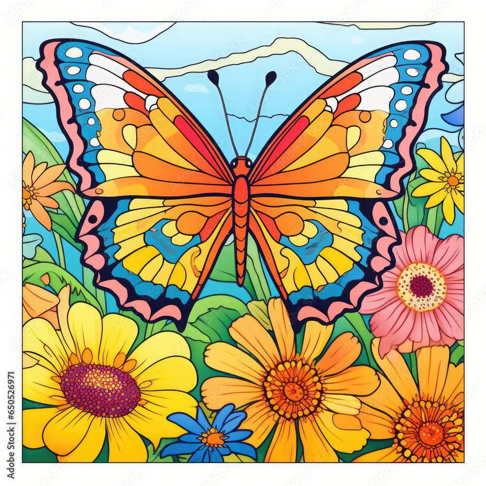 Colouring page for kids, a vibrant butterfly fluttering among colourful ...