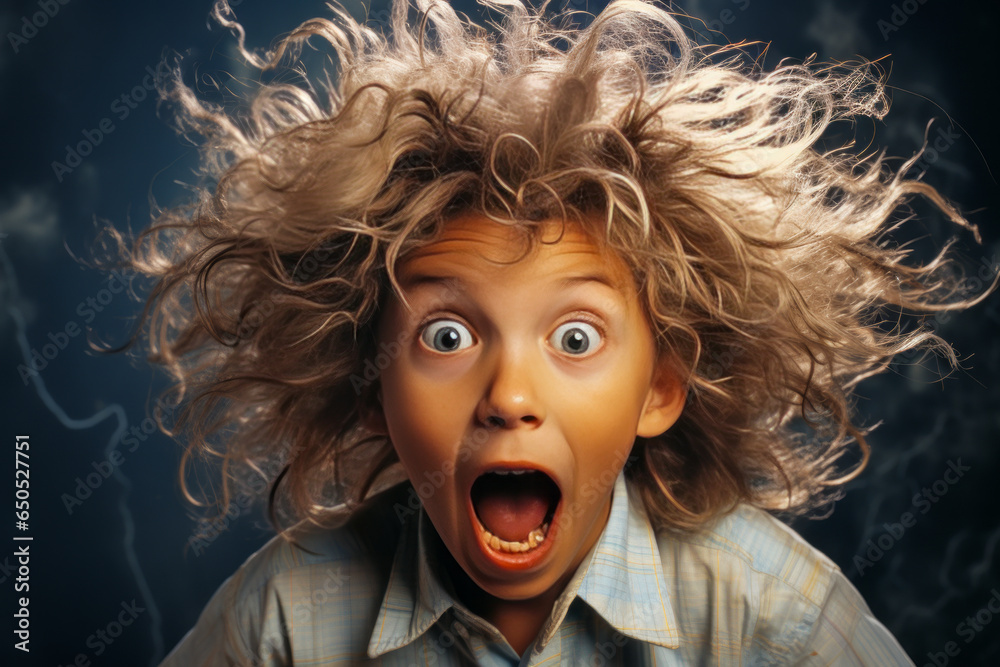 Hilarious image of a startled young boy with hair sticking up, holding ...