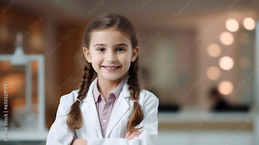Portrait of cute little preschooler girl in white medical uniform act ...