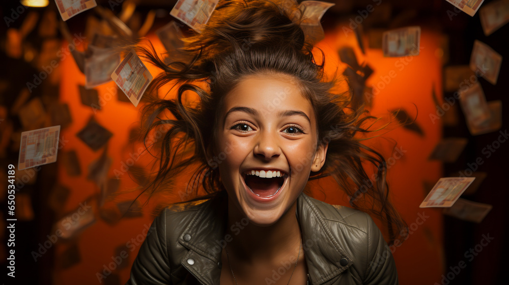 Joyful young girl with pigtails holds a loyalty card and jumps ...