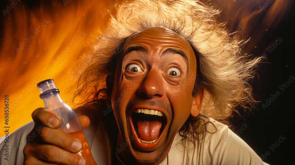 Vibrant capture of a humorous man, hair sticking up, holding an ...