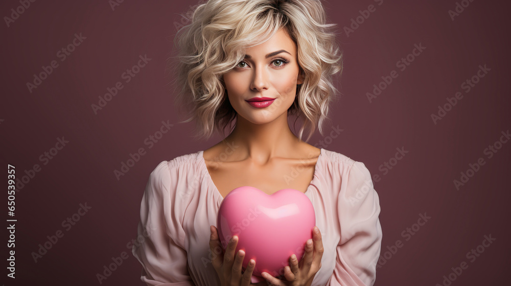 Quirky middle-aged woman in love, her hair sticking up as she clutches ...