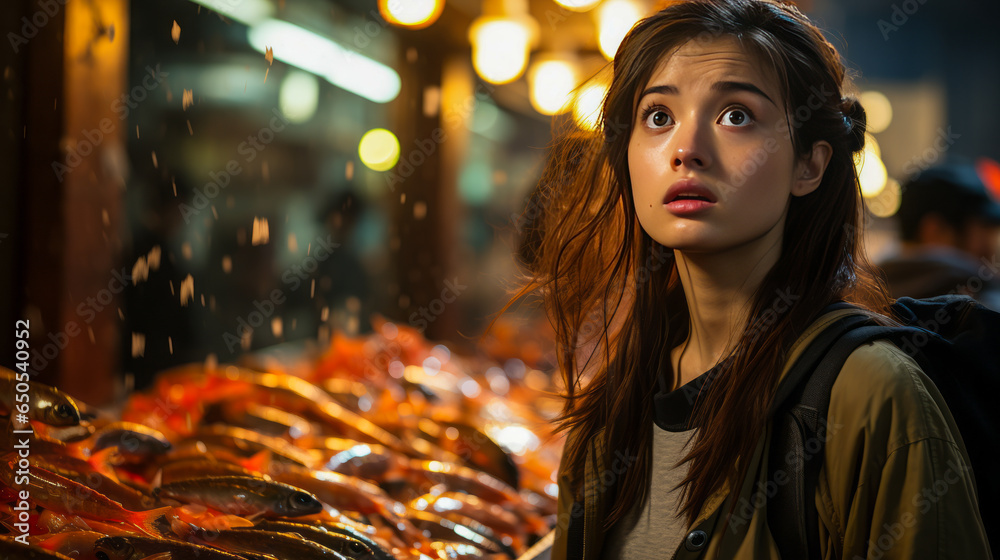 Overwhelmed young woman lost in an authentic Japanese fish market, her ...