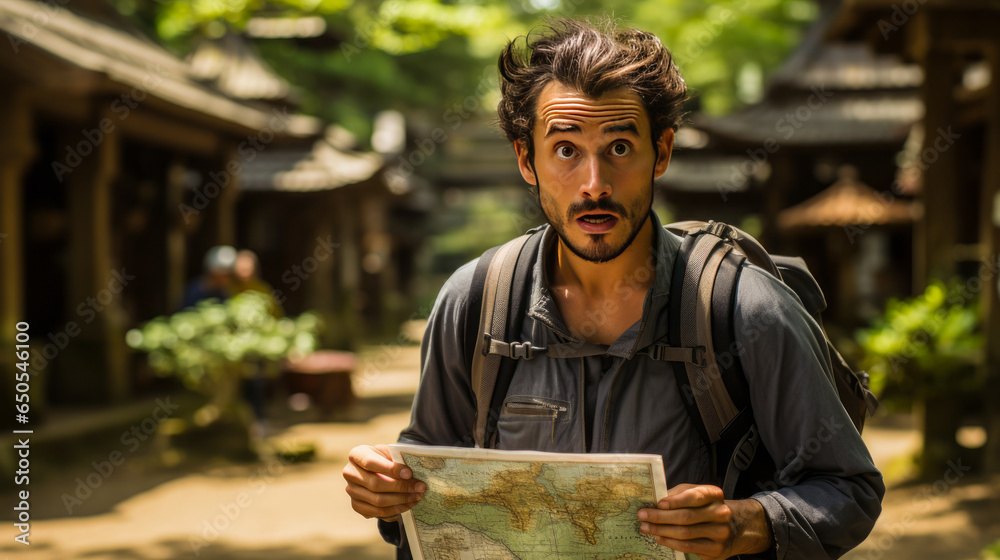 Captivating scene of a lost male tourist, map in hand upside down, amid ...