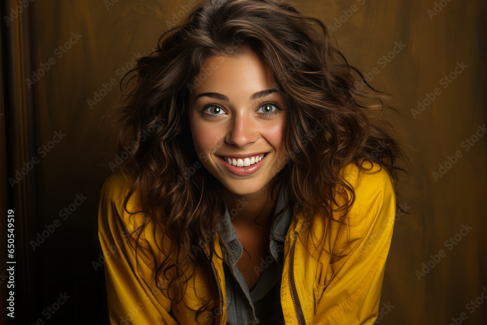 Charming young woman, bashfully hiding smile. Vibrant studio backdrop ...